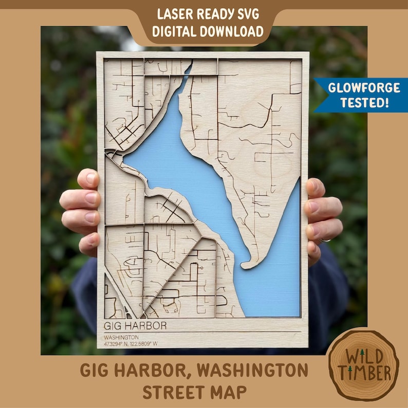 Gig Harbor, Washington Wooden Map SVG: Multilayer Laser Cut Glowforge ...