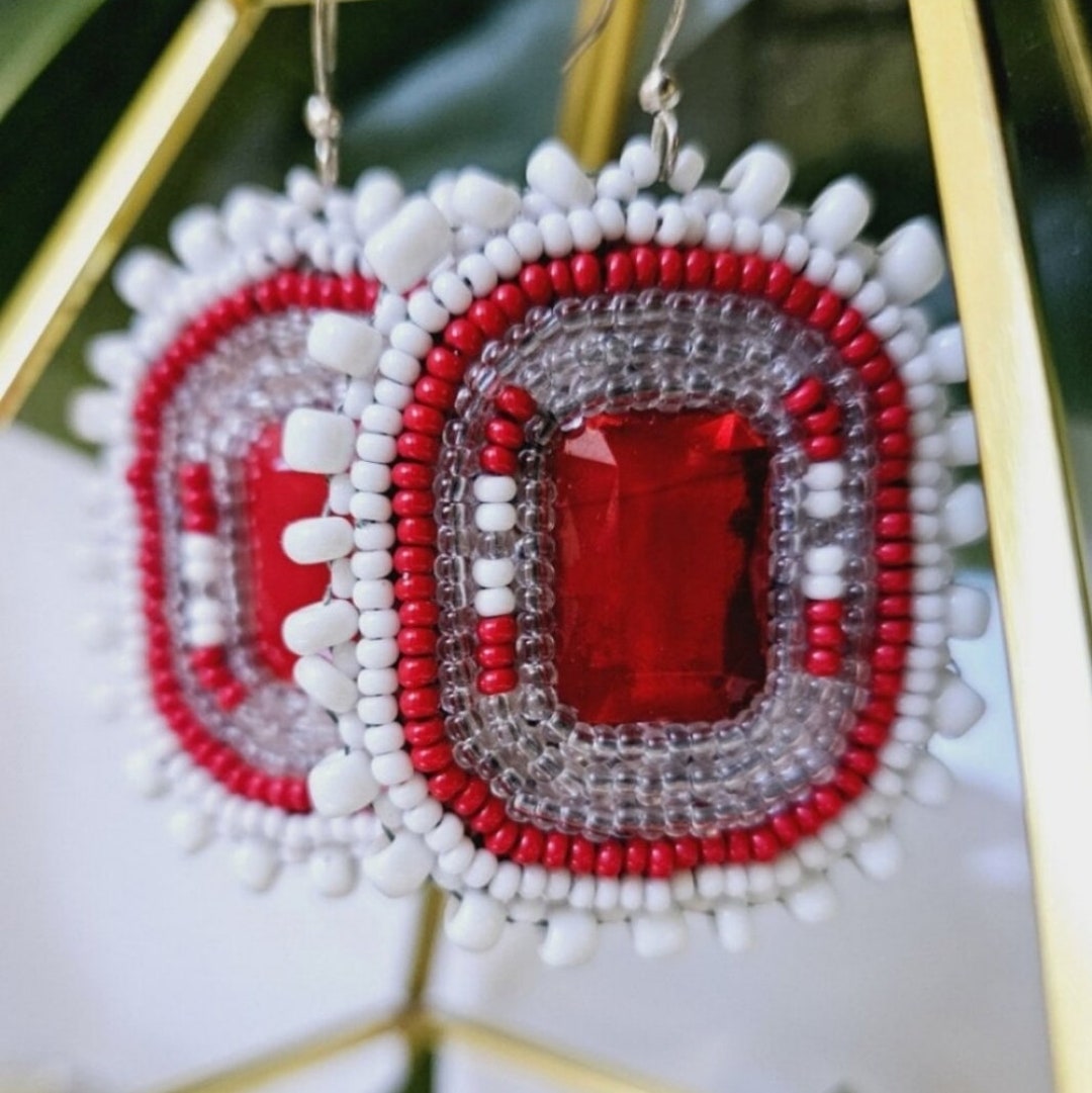 White Red Beaded Indigenous Hoop Earrings Handmade Bohemian Jewelry ...