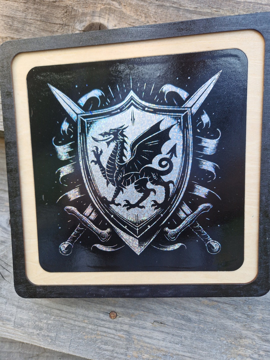 Dragon Shield Wall Hanging Art. Black and Silver on Wooden Frame. Welsh ...