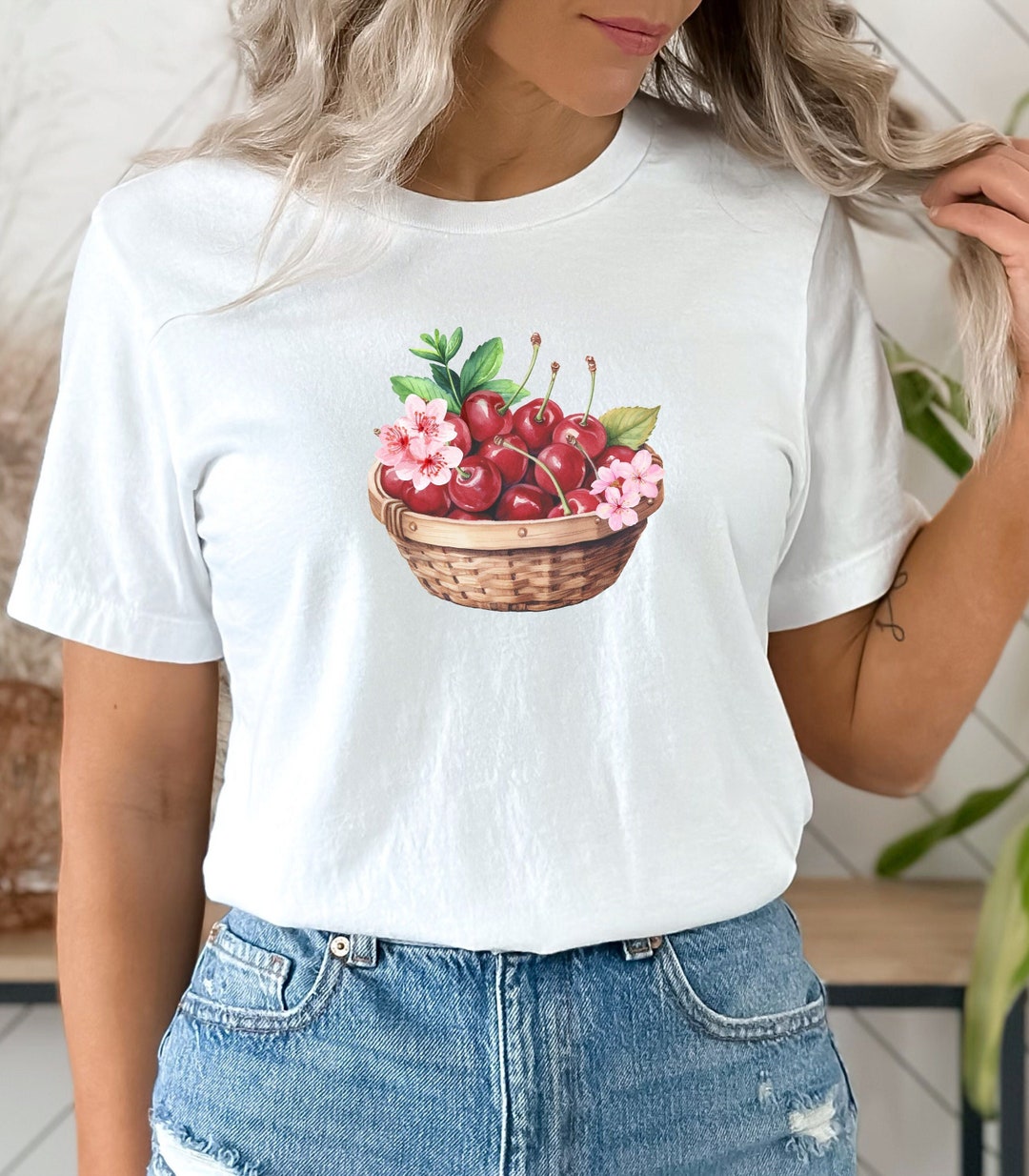 Trendy Cherry Coquette Graphic Summer Shirt, Cute Cherries in a Basket ...