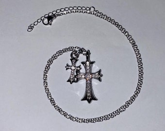 Stainless Steel Silver Baroque Double Cross Necklace - Etsy