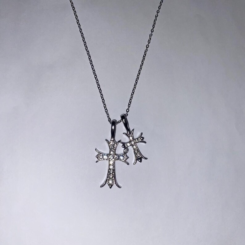 Stainless Steel Silver Baroque Double Cross Necklace - Etsy