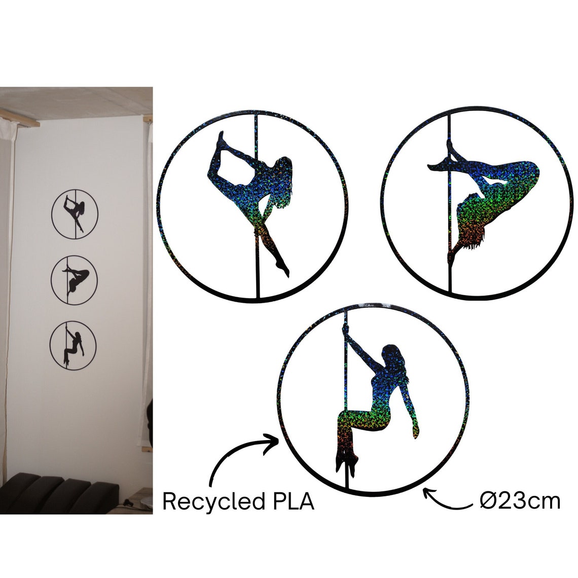 Pole Dance Wall Art, Set of 3 Pole Tricks With Rainbow Color Reflection ...
