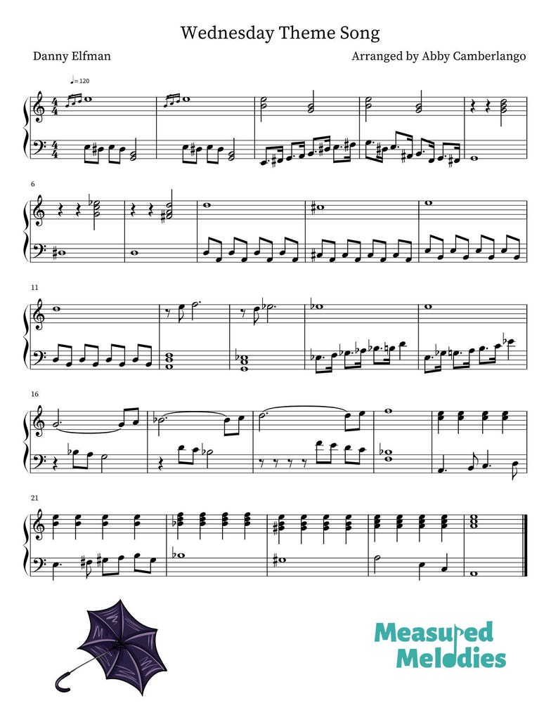 Wednesday Theme Song Easy Piano Sheet Music - Etsy