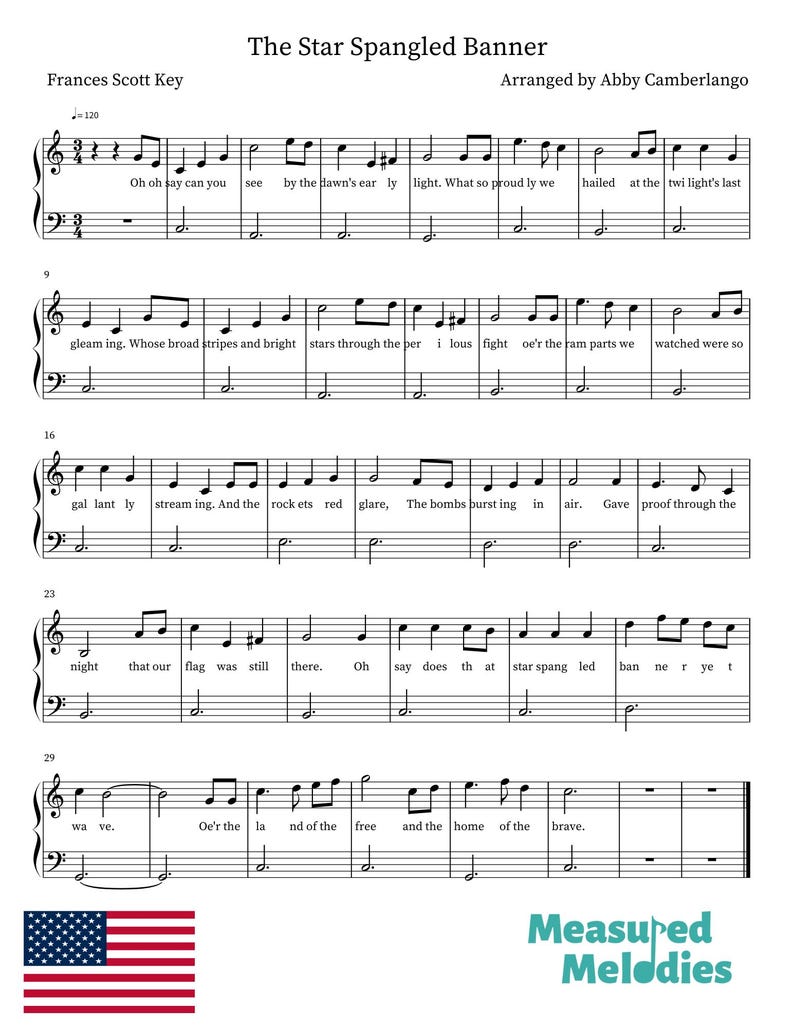 The Star Spangled Banner Easy Piano Sheet Music - Etsy