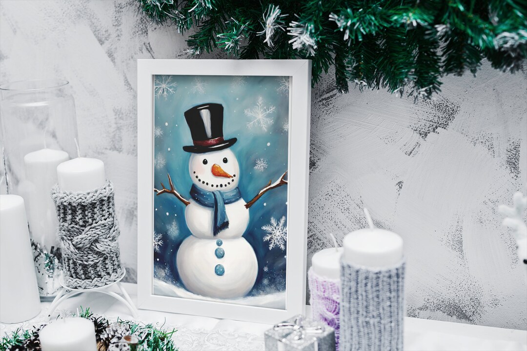 Christmas Snowman Art Print | Blue Holiday Cheer Wall Decor | Cute ...