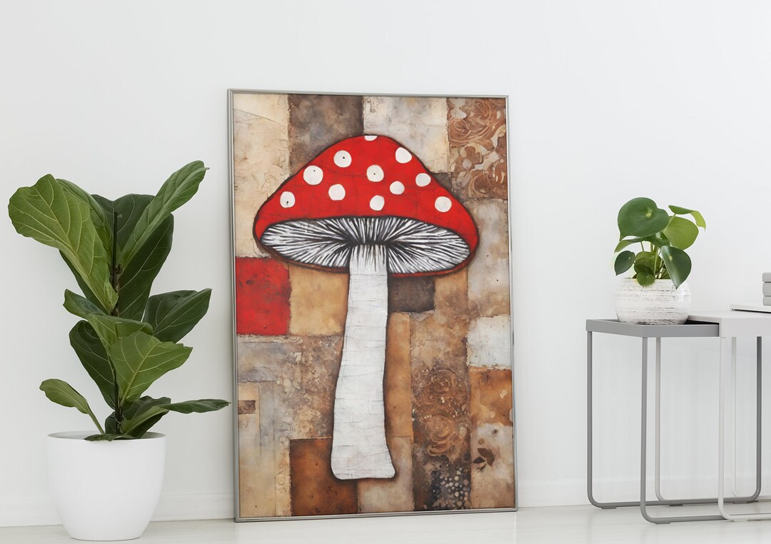 Mushroom Collage Artwork I Patchwork Design Fungi Art Print I Red White ...