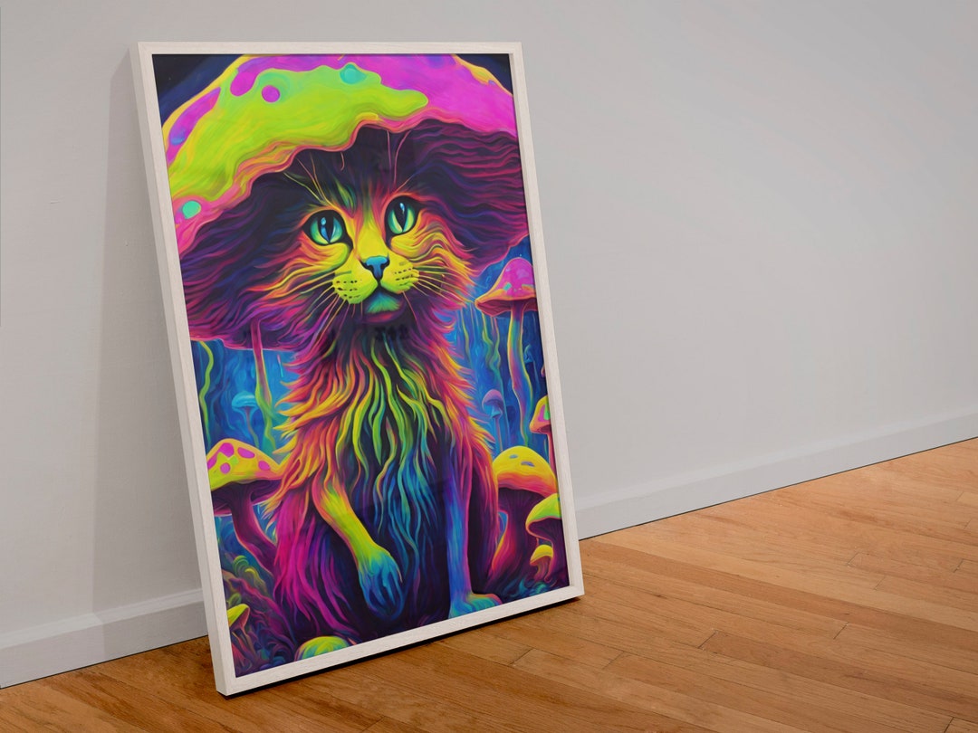 Neon Trippy Mushroom Cat Poster | Psychedelic Kitten Decor | Vibrant ...