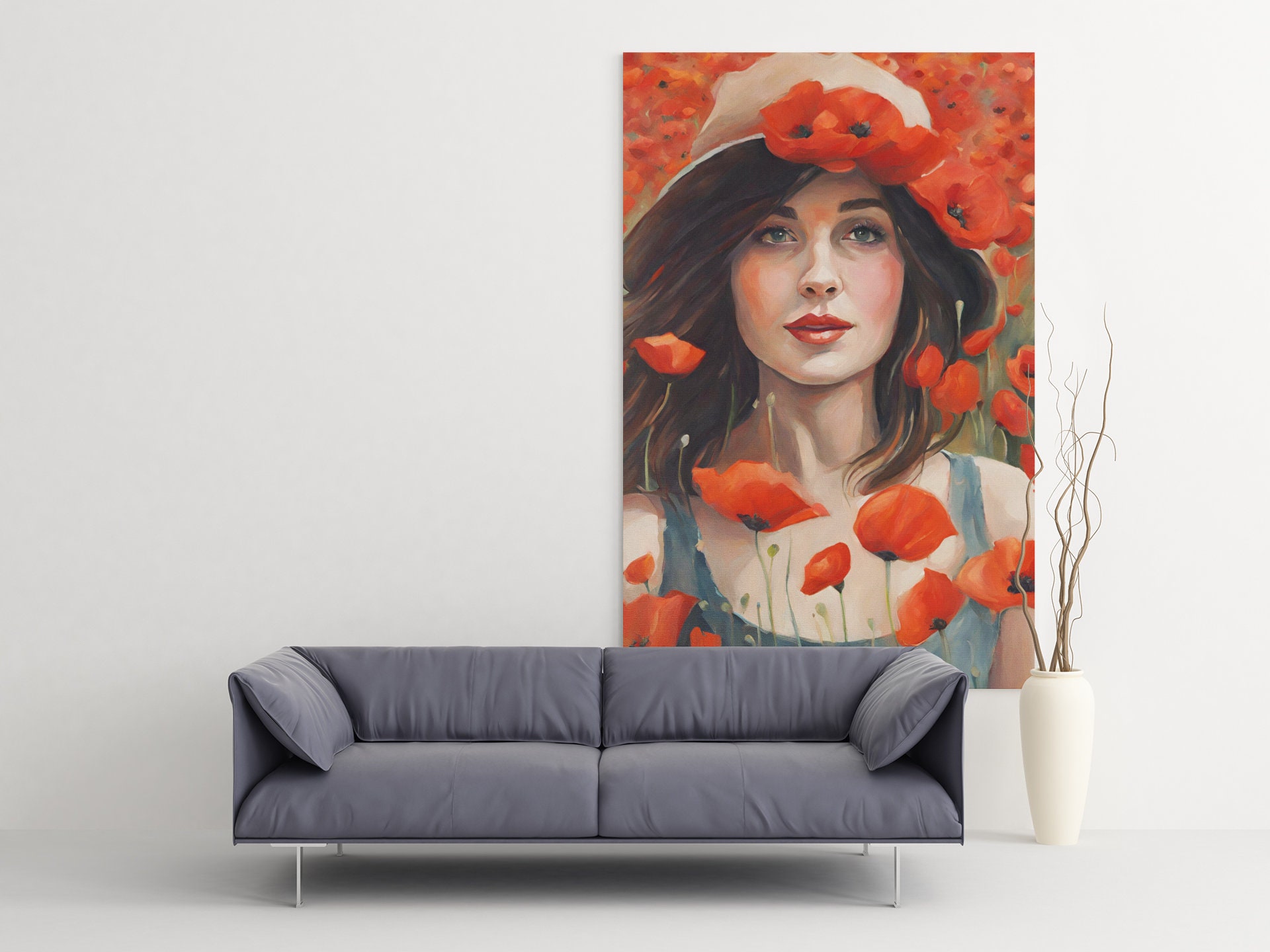 Woman in Red Poppy Field Art Print I Floral Outdoor Scene Wall Art I ...