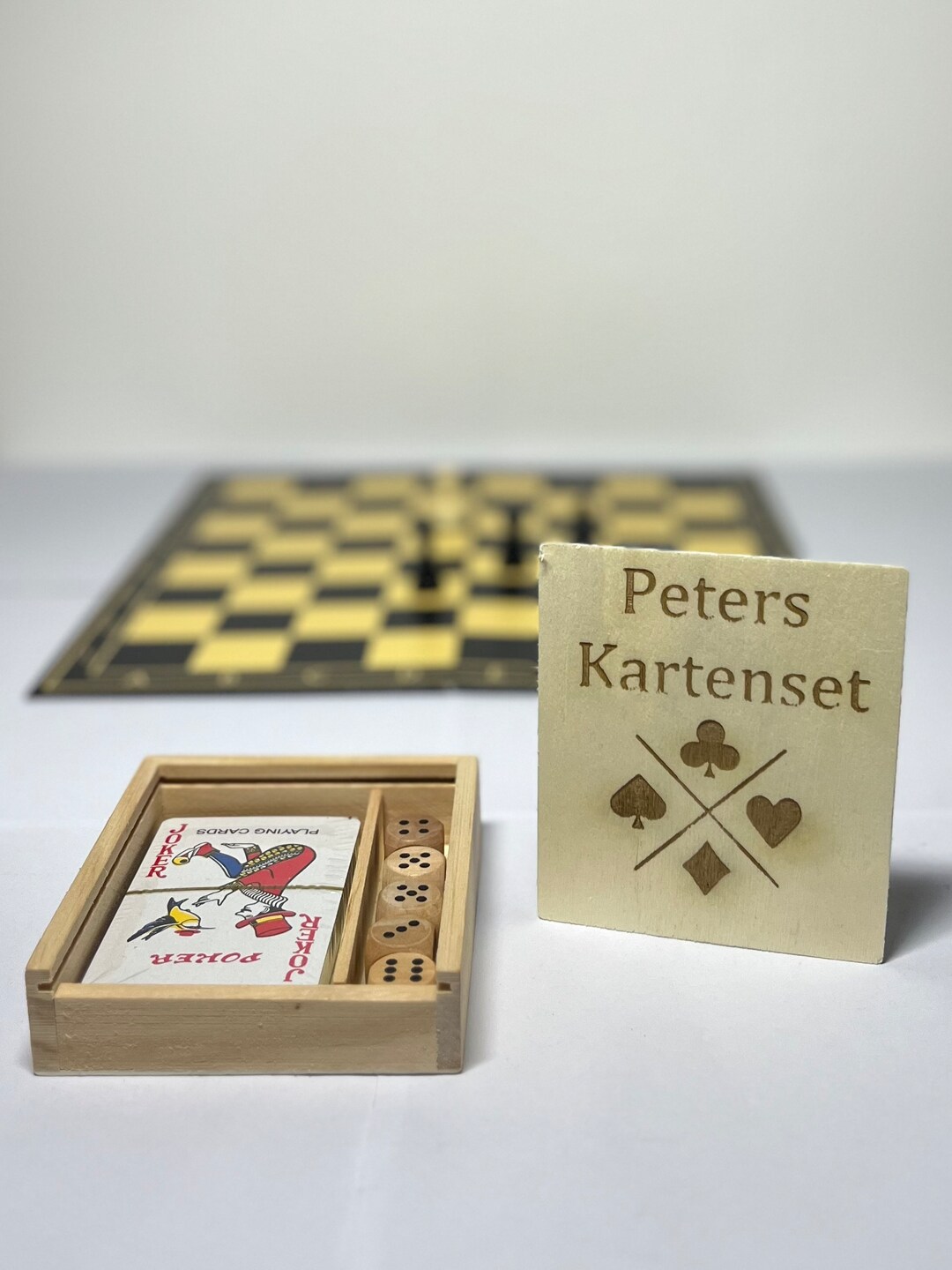 Set of 2 Table Games: French Cards and Dice in Natural Wood Box, Christmas Gift, Personalized ...