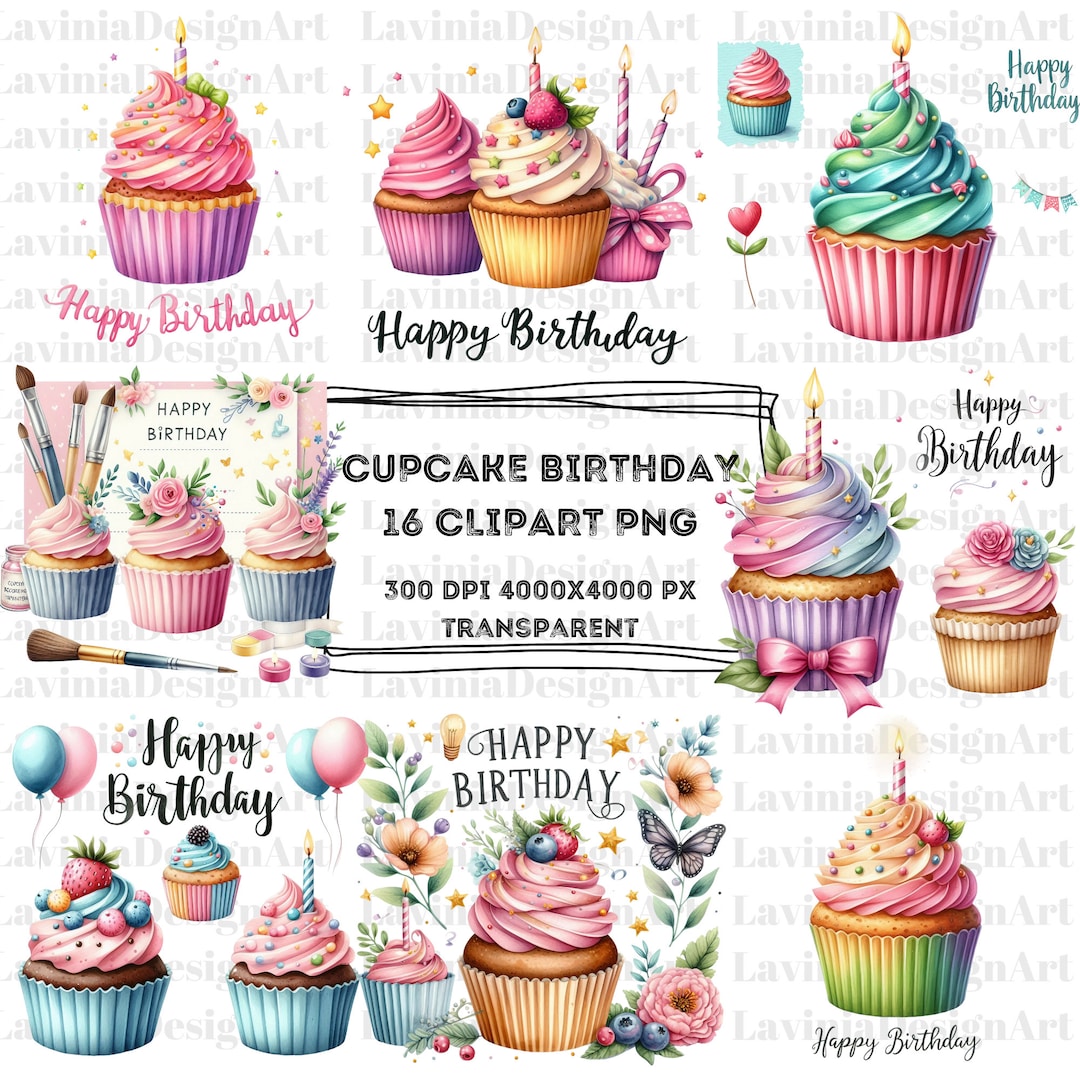 Cupcake Birthday Clipart | Cupcake Watercolor | Cupcake PNG | Happy ...