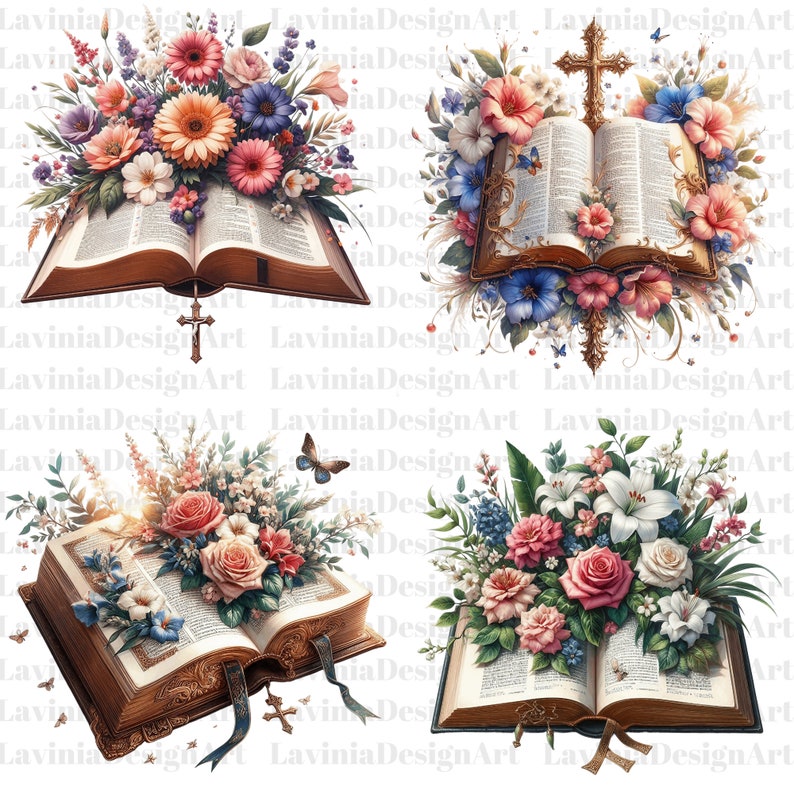 Bible and Flowers Watercolor Clipart | Cristian Journal | Bible Study ...