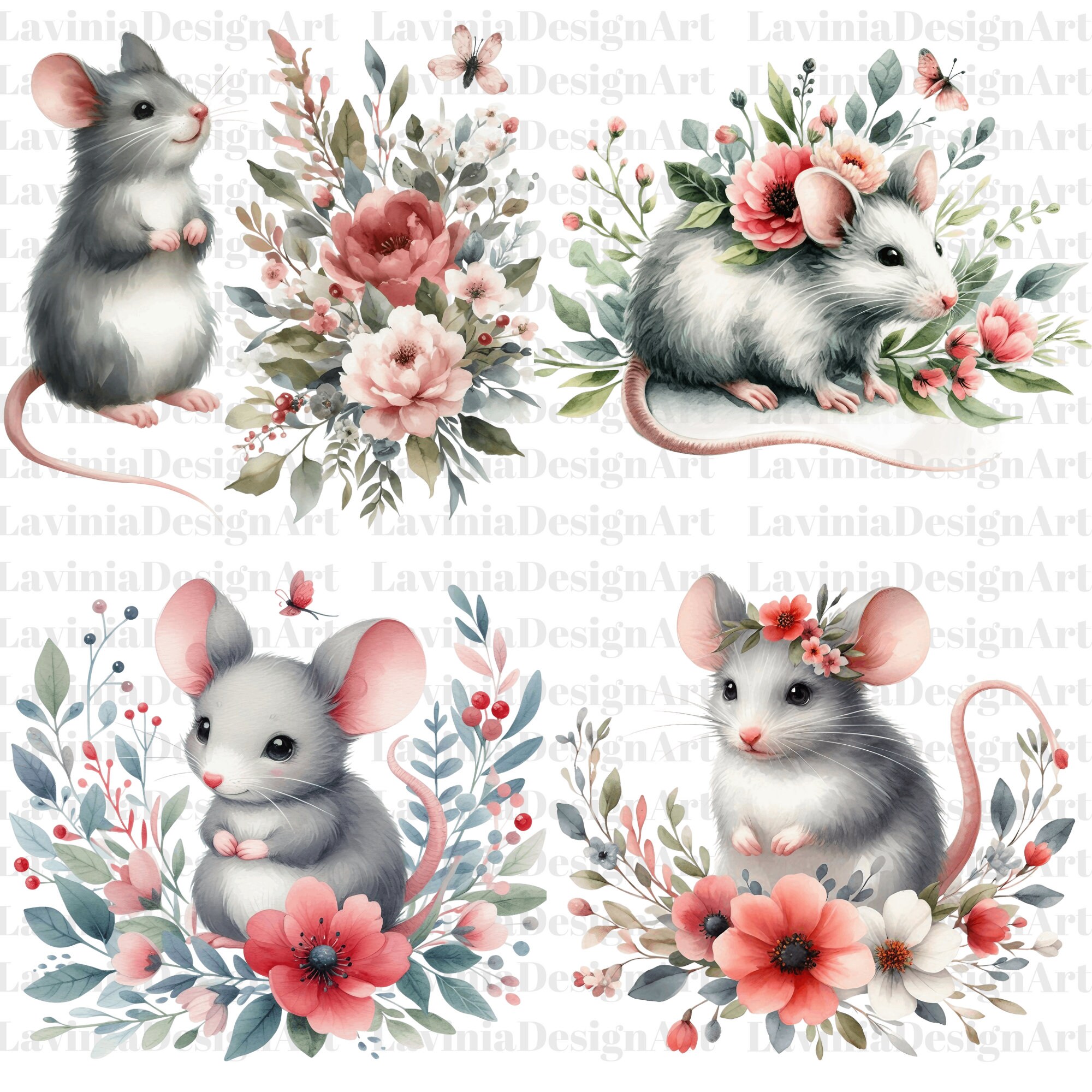 Mouse and Flower Clipart Watercolor | Mouse Clipart | Floral Png ...