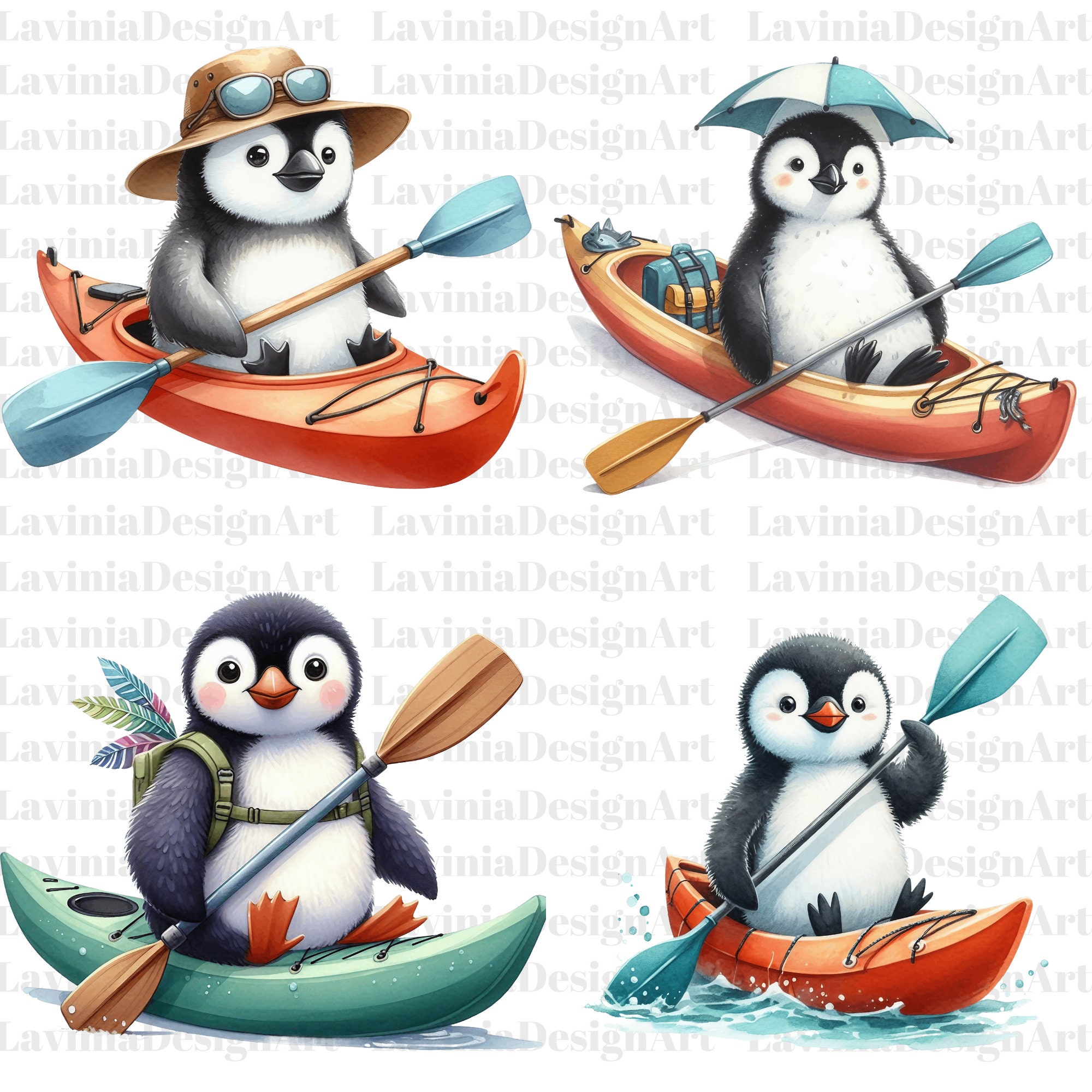 Penguin Rafting Clipart Watercolor | Canoe Penguin | Canoe Clipart ...