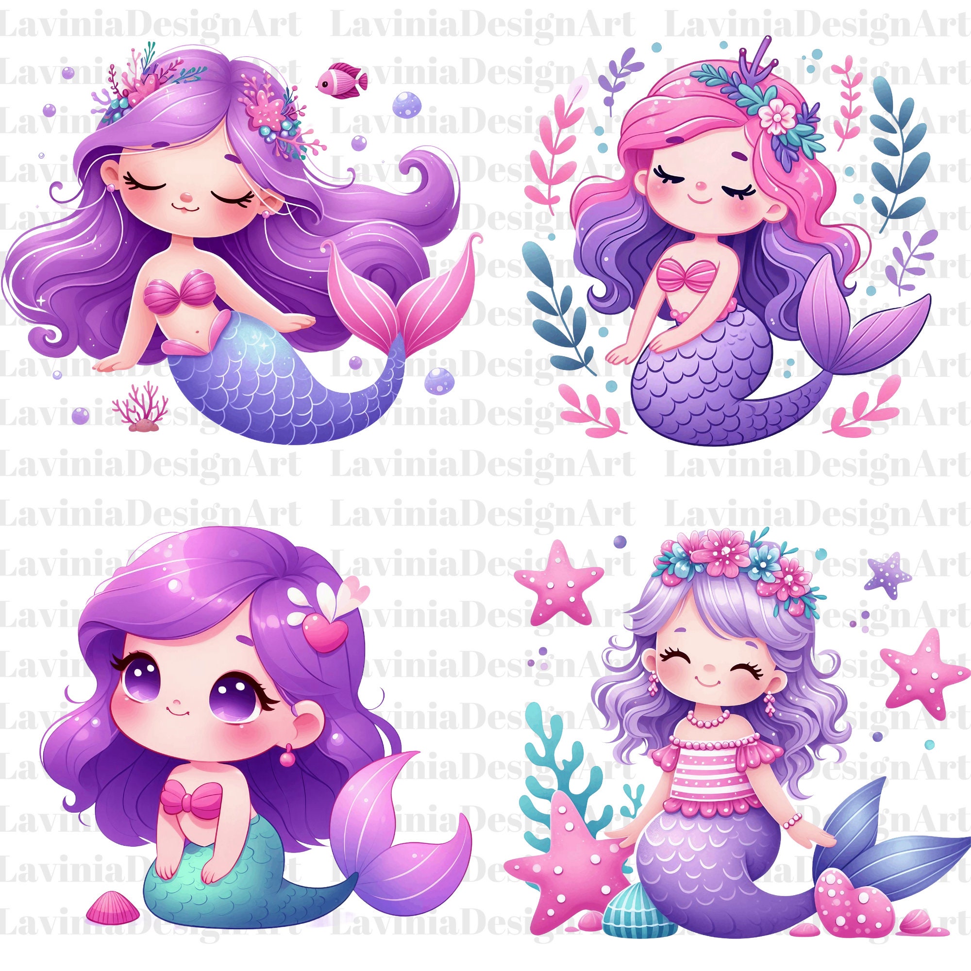 Child Mermaid Watercolor Clipart PNG Digital Download Cute Mermaid Sea ...