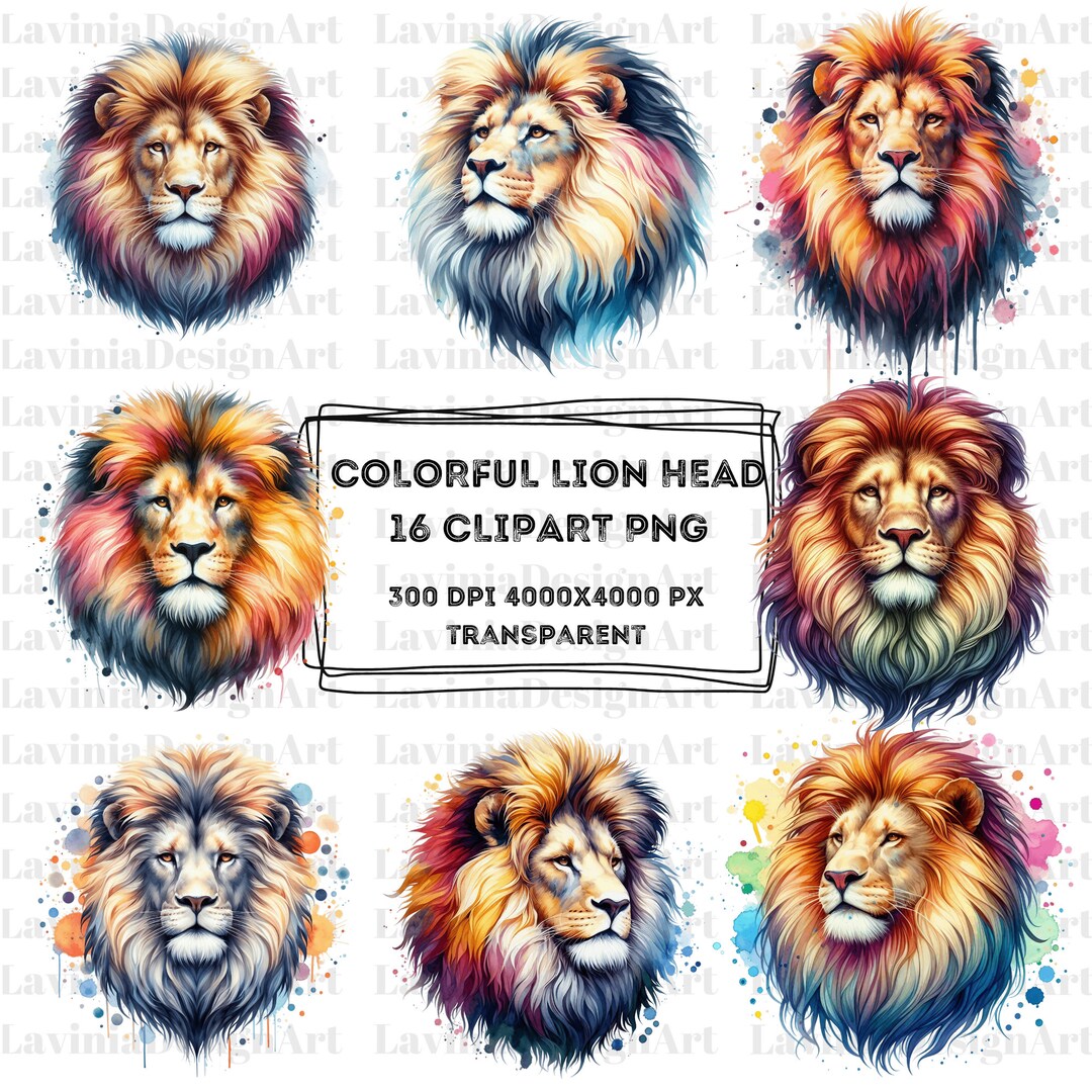 Colorful Lion Head Clipart Watercolor | Lion Png | Colorful Lion | Lion ...