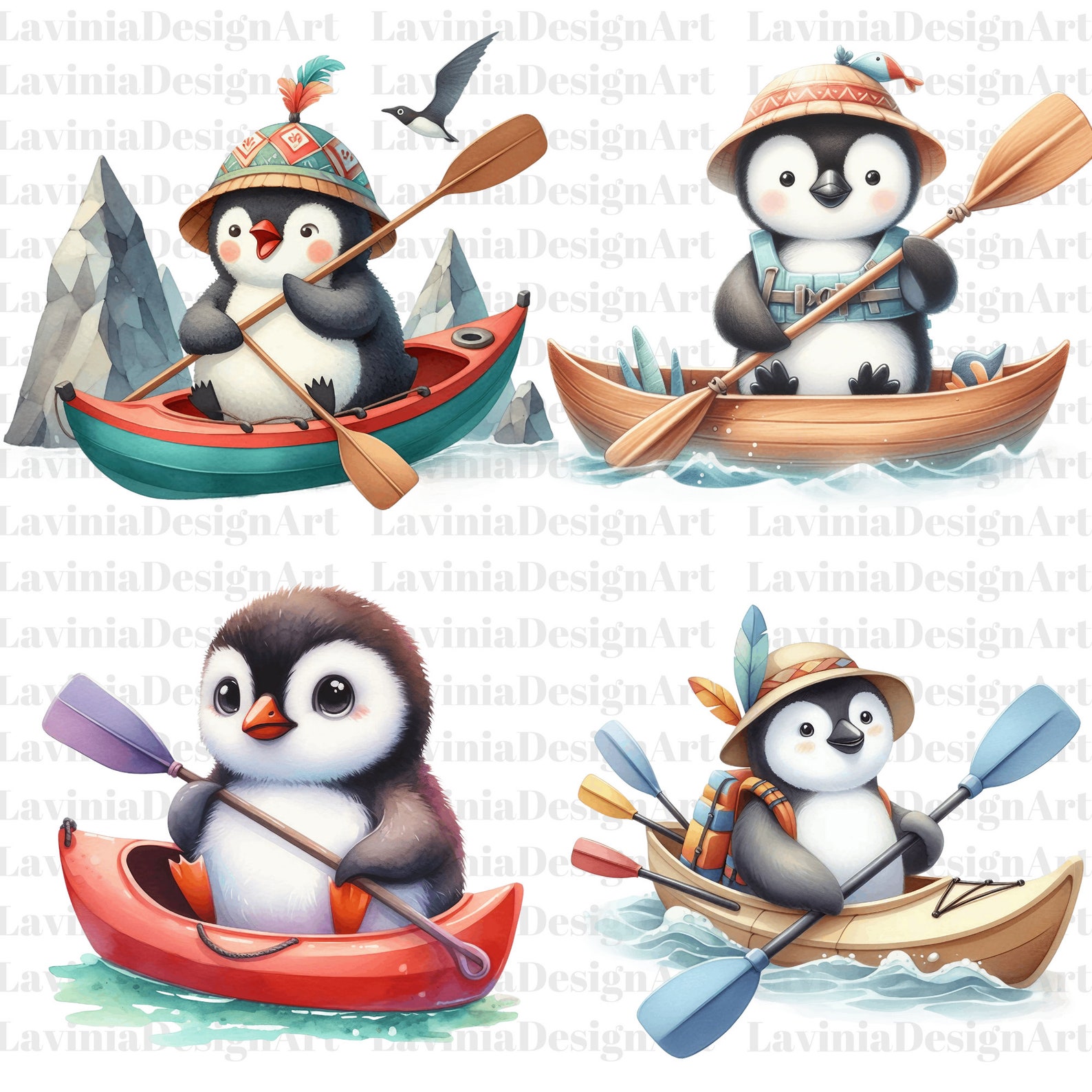 Penguin Rafting Clipart Watercolor | Canoe Penguin | Canoe Clipart ...