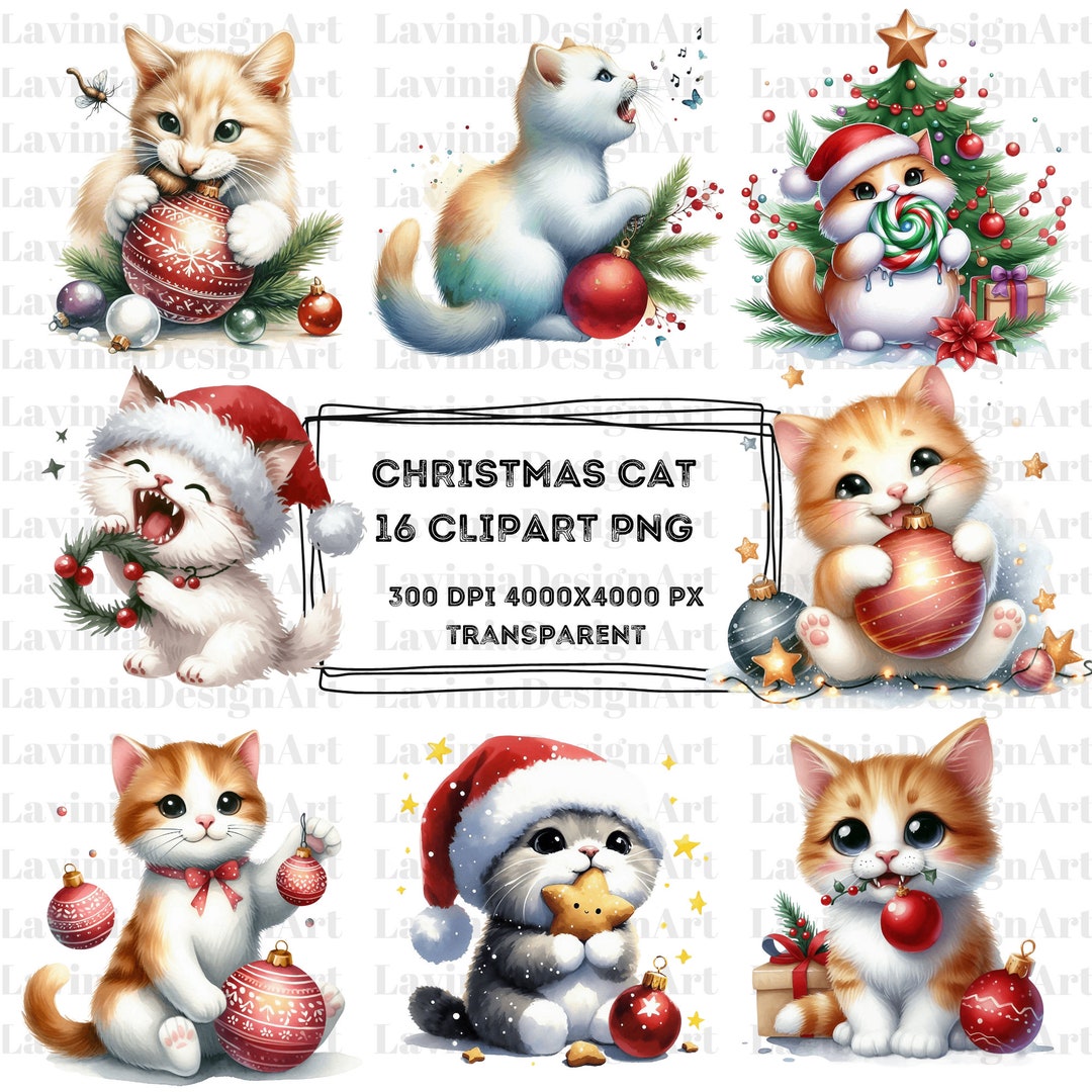 Christmas Cat Clipart Watercolor | Cat Clipart | Cat PNG | Christmas ...