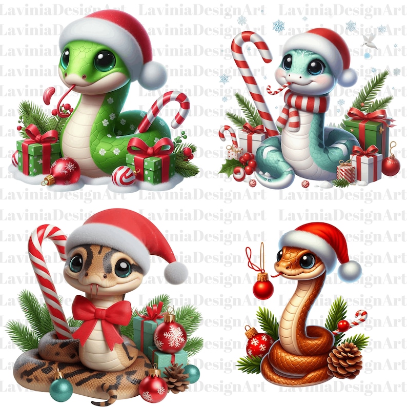 Watercolor Cute Christmas Snake Clipart | PNG Format Baby Snake | Snake ...