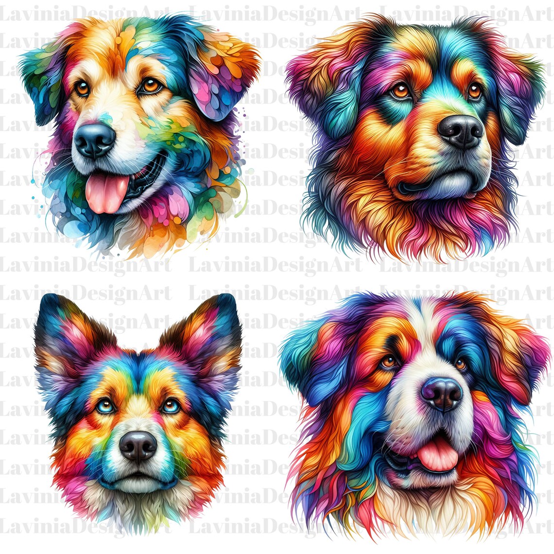 Colorful Dog Head Clipart Watercolor| Colorful Clipart | Dog Head ...