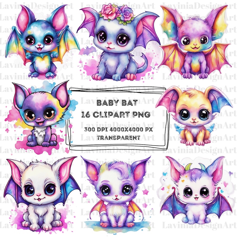 Baby Bat Clipart | Watercolor Baby Bat | Lisa Frank Style Baby Bat ...