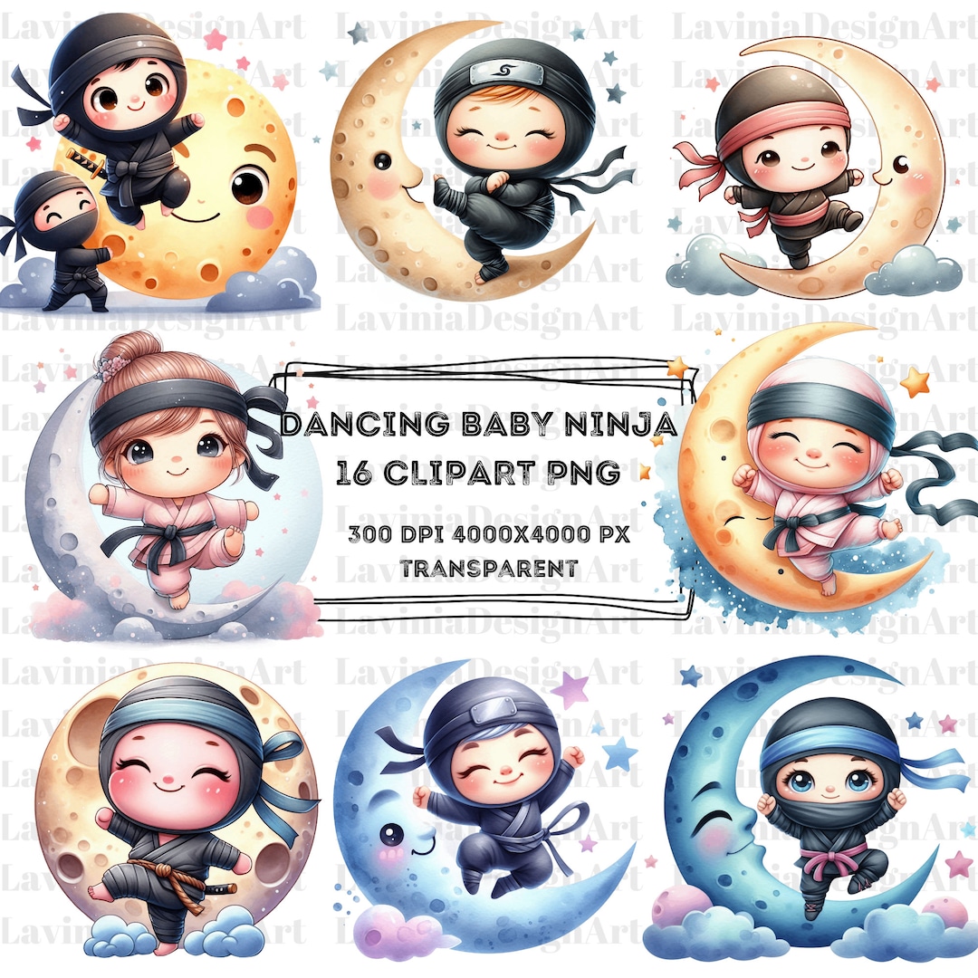 Dancing Baby Ninja Watercolor Clipart | Moon Dance | Baby Ninja | Ninja ...