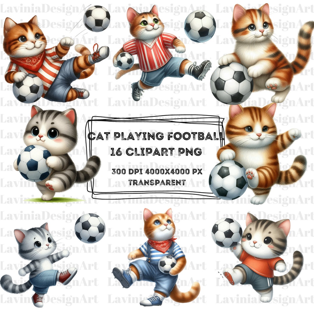 Cat Playing Fotball Clipart Watercolor | Cat Clipart | Cat Png | Sport ...