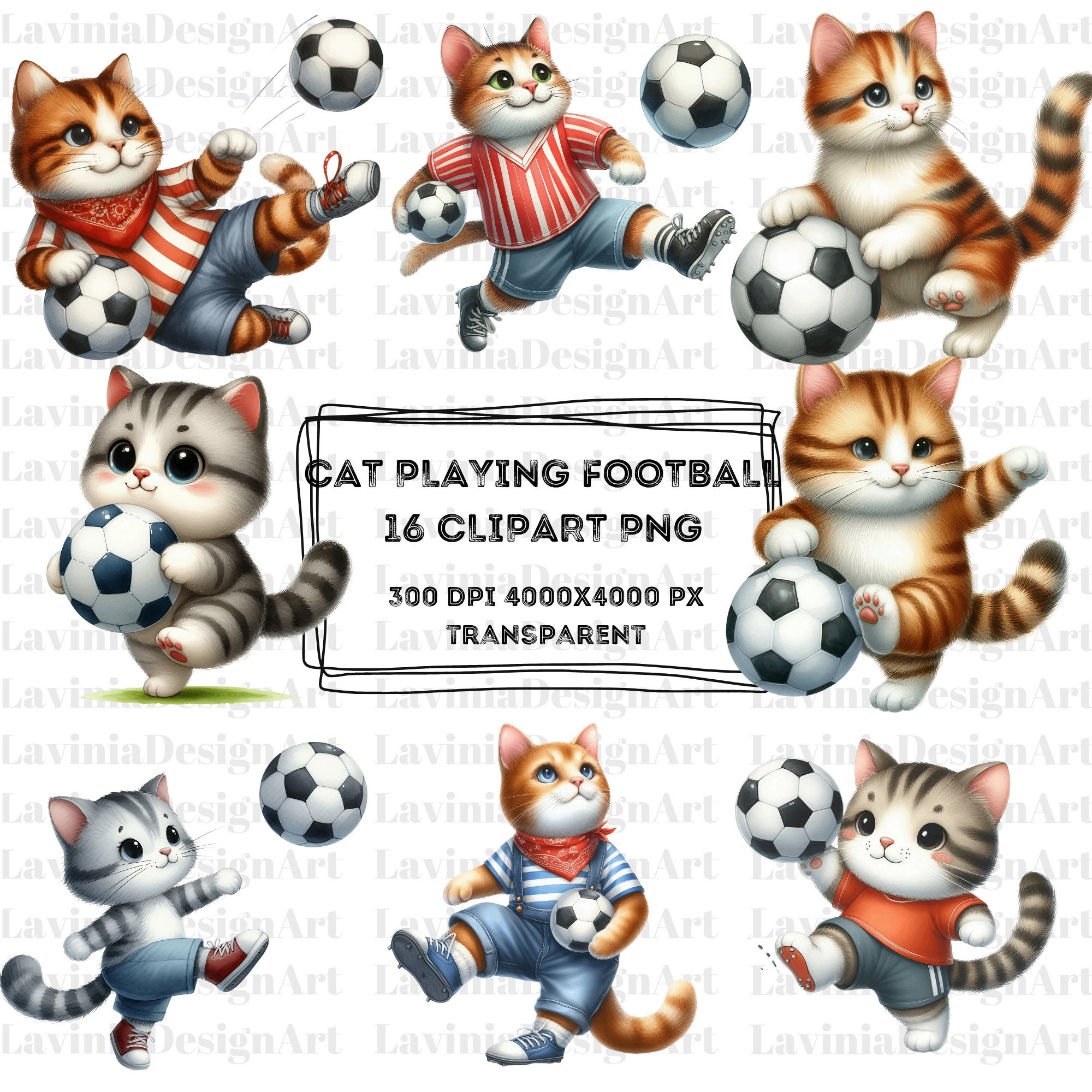 Cat Playing Fotball Clipart Watercolor | Cat Clipart | Cat Png | Sport ...