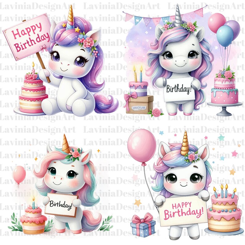 Happy Birthday Unicorn Clipart Watercolor | Unicorn Clipart | Happy ...