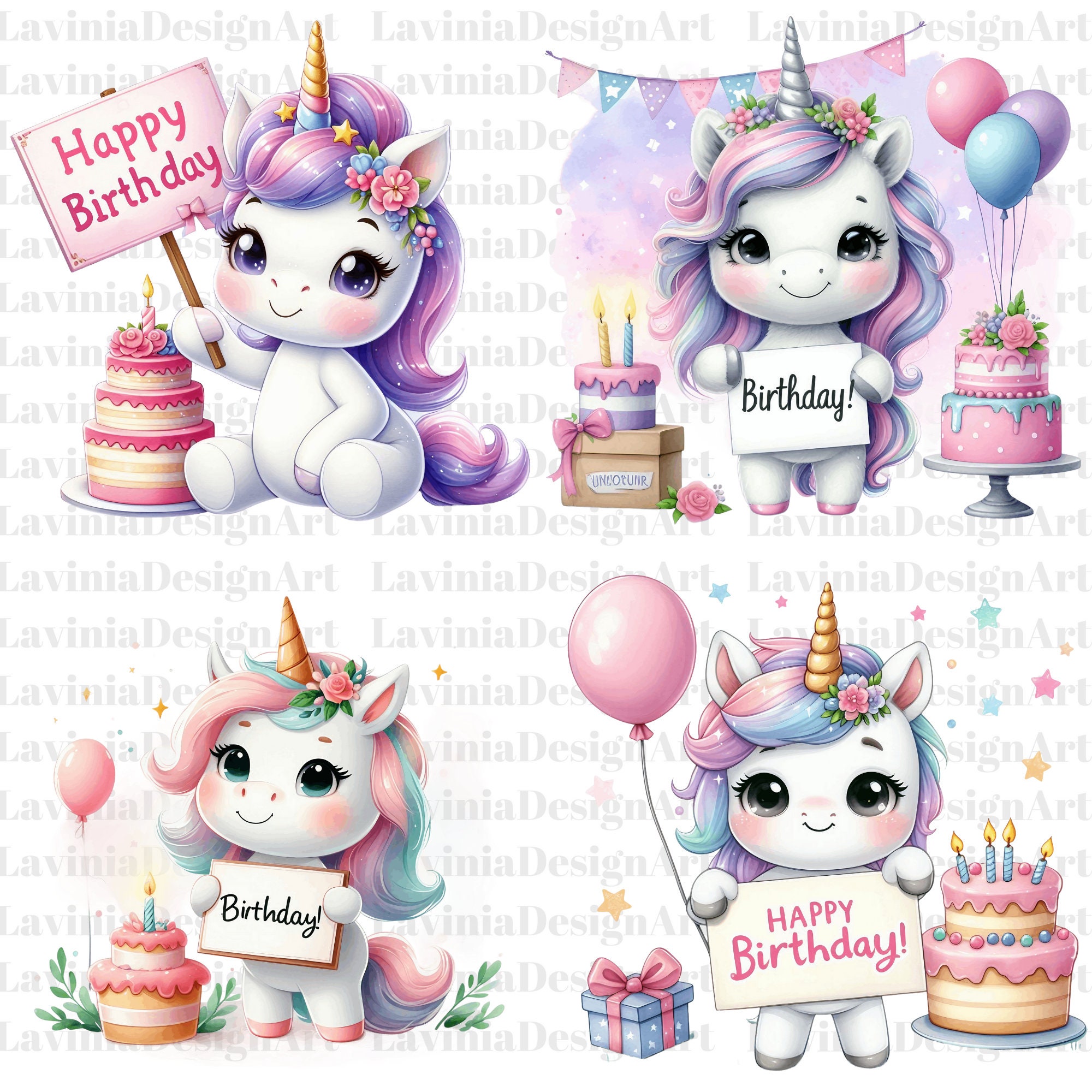 Happy Birthday Unicorn Clipart Watercolor Unicorn Clipart Happy ...