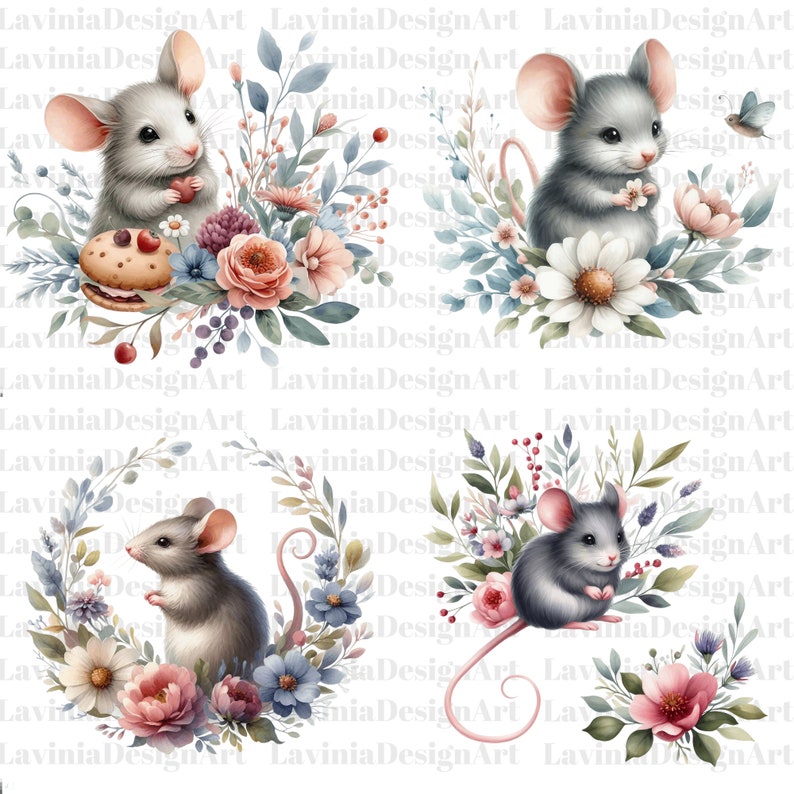 Mouse and Flower Clipart Watercolor Mouse Clipart Floral Png Flower ...