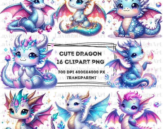 Cute Dragon PNG Clipart, 12x Watercolor Fantasy Clip Art Set, Printable ...
