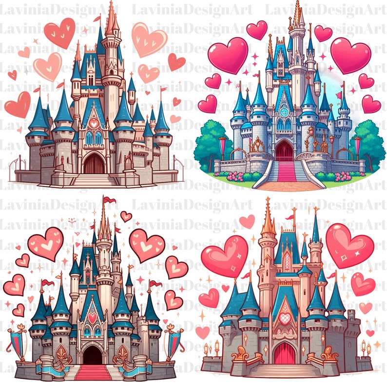 Cartoon Hearts Castle Watercolor Clipart Castle Clipart Castle ...