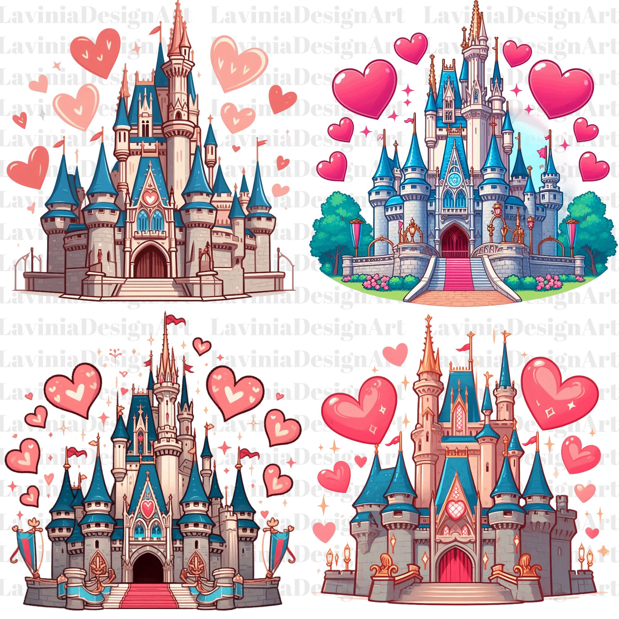 Cartoon Hearts Castle Watercolor Clipart Castle Clipart Castle ...