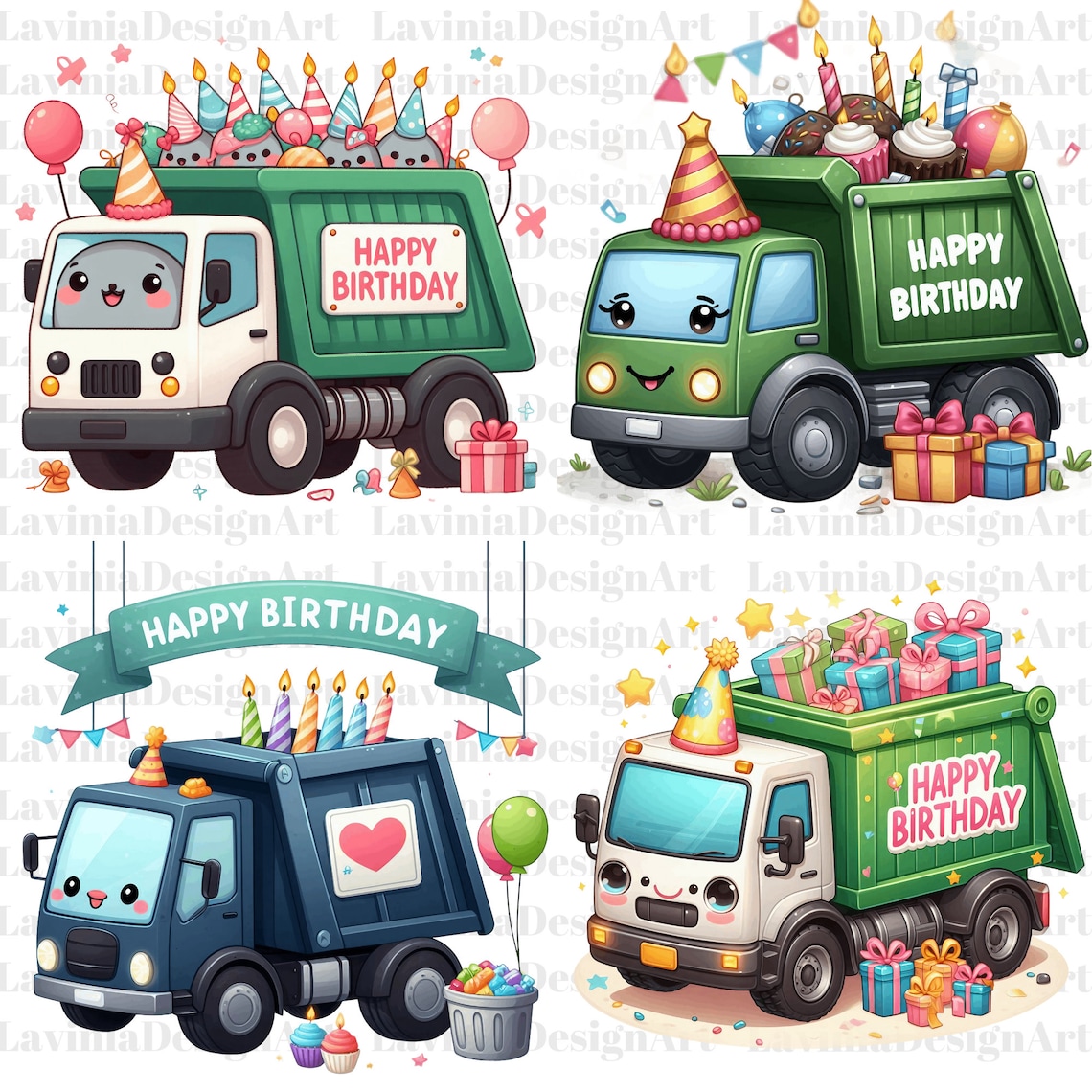 Happy Birthday Garbage Truck Clipart Watercolor | Birthday Clipart ...