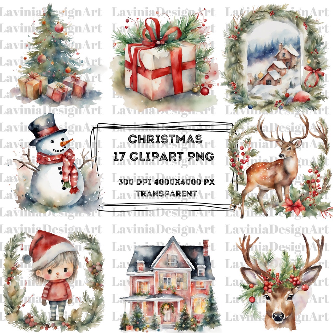 Christmas Woodland Watercolor Clipart Bundle 17 PNG Christmas Clipart ...