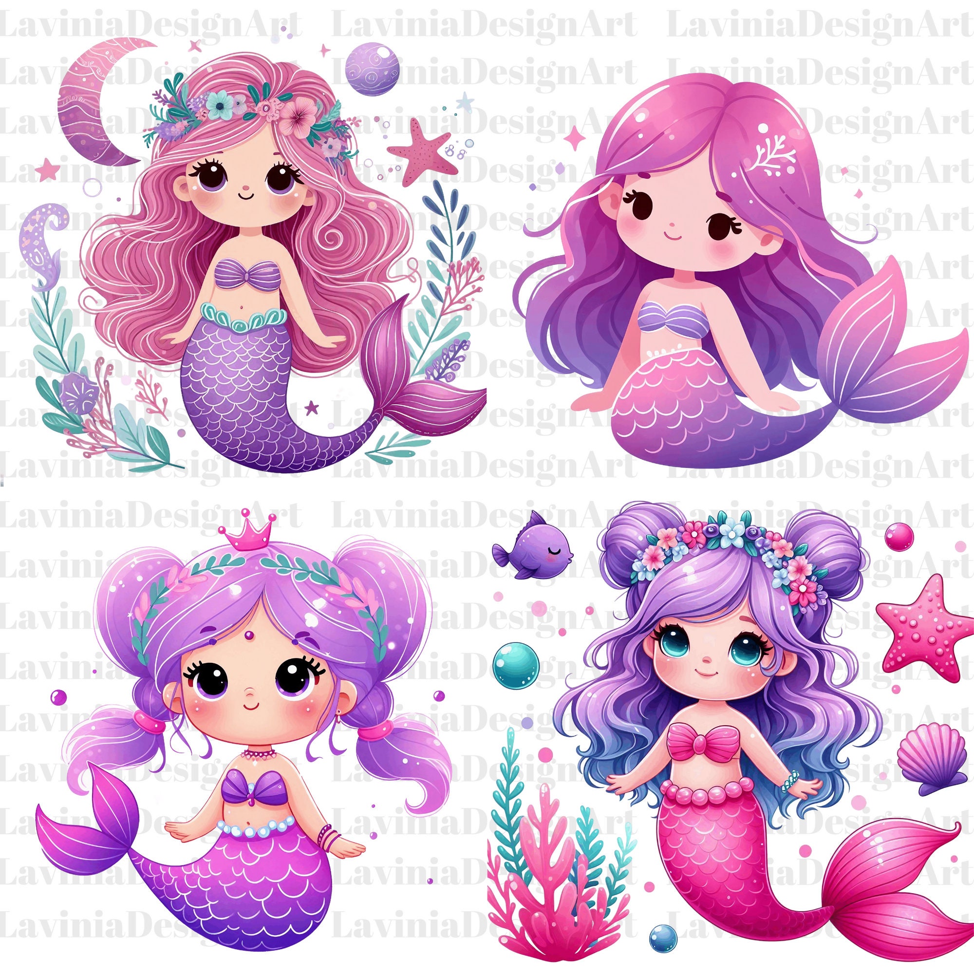 Child Mermaid Watercolor Clipart PNG Digital Download Cute Mermaid Sea ...