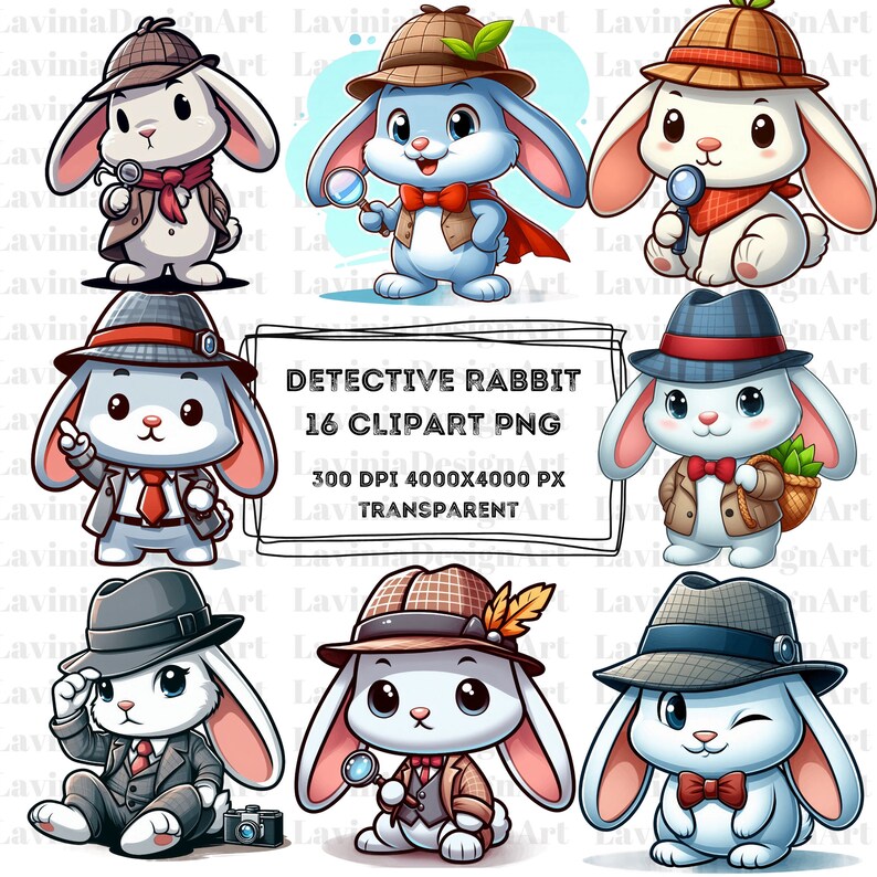 Detective Rabbit Clipart Watercolor | Cute Rabbit Clipart | Detective ...