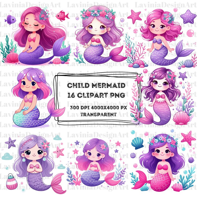 Child Mermaid Watercolor Clipart PNG Digital Download Cute Mermaid Sea ...