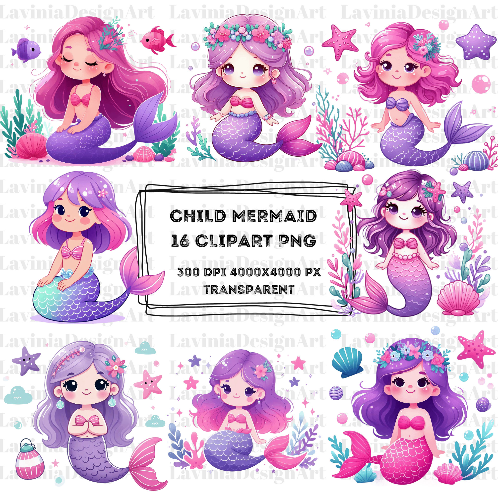 Child Mermaid Watercolor Clipart PNG Digital Download Cute Mermaid Sea ...