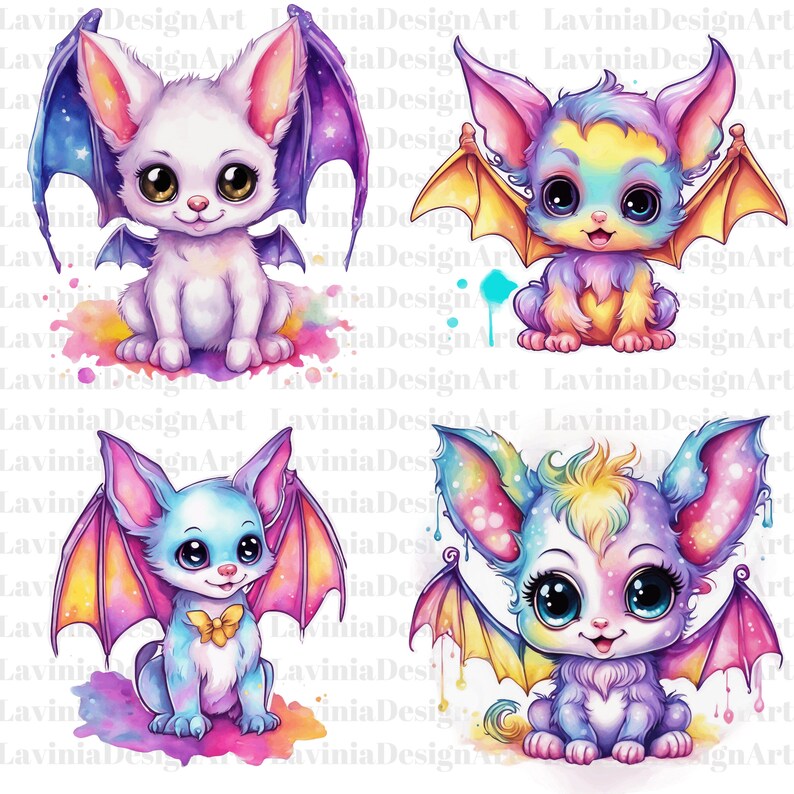 Baby Bat Clipart | Watercolor Baby Bat | Lisa Frank Style Baby Bat ...