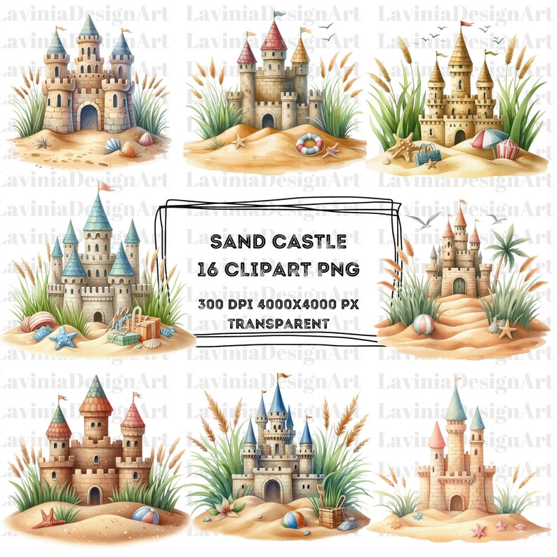Cartoon Sand Castle Watercolor Clipart | Castle Clipart | Castle ...