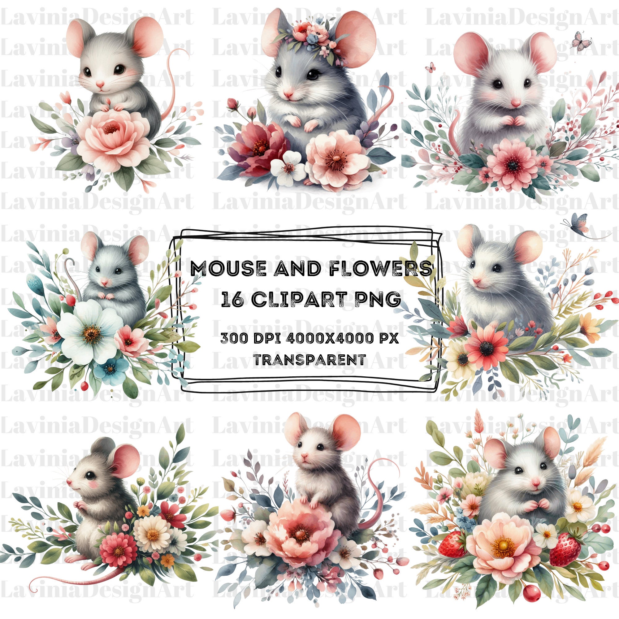 Mouse and Flower Clipart Watercolor | Mouse Clipart | Floral Png ...