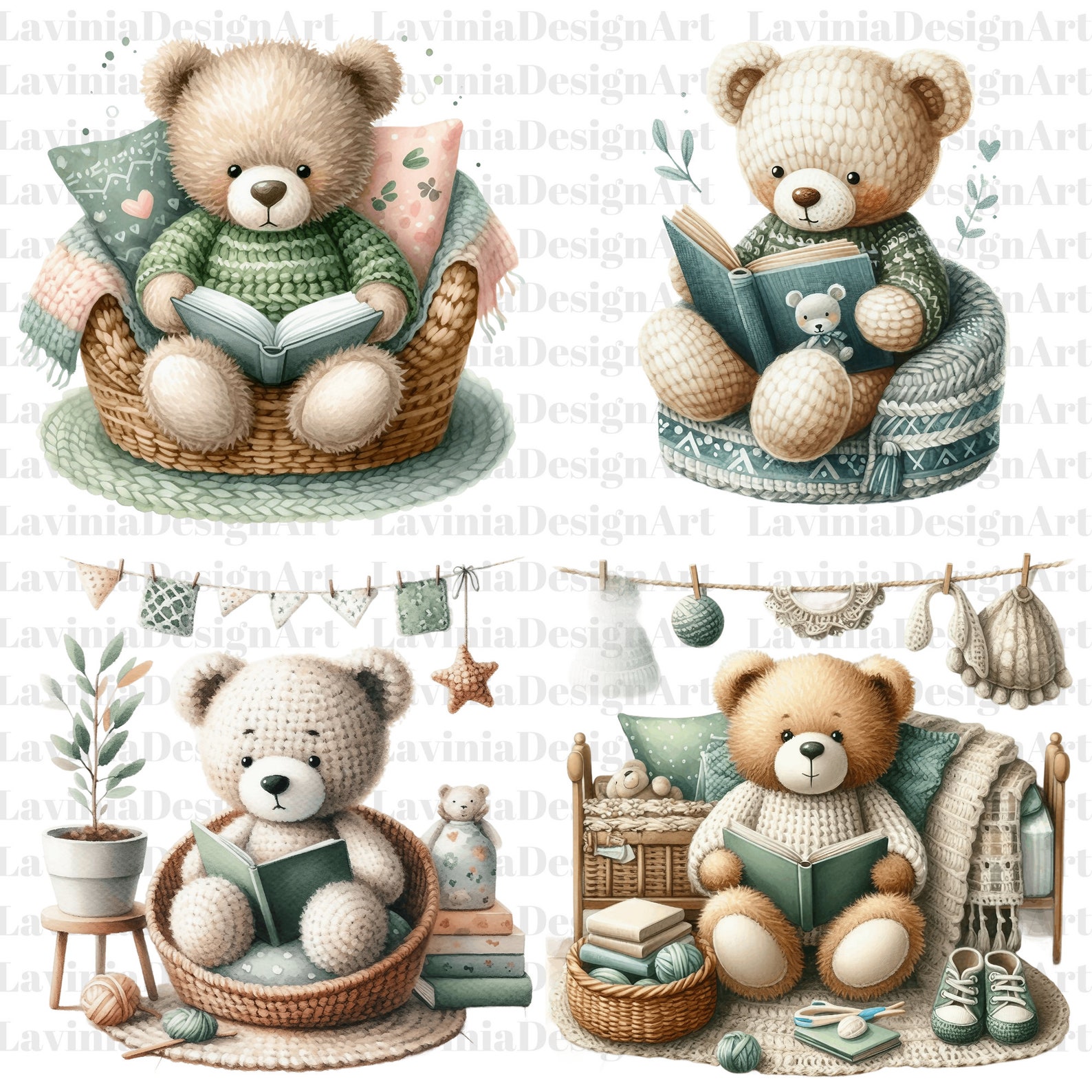 Reading Teddy Bear Clipart Watercolor | Teddy Bear Clipart | Animal ...