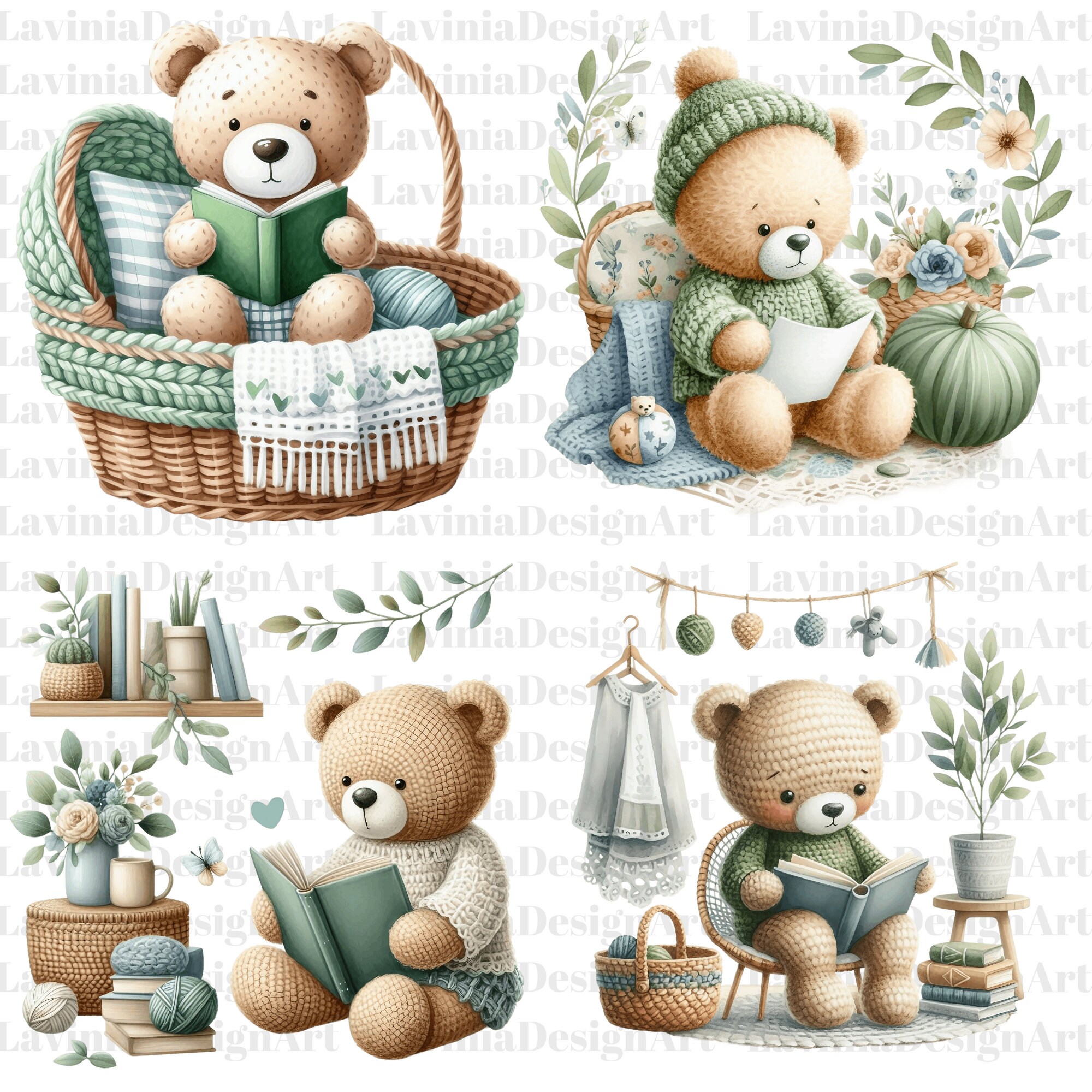 Reading Teddy Bear Clipart Watercolor | Teddy Bear Clipart | Animal ...