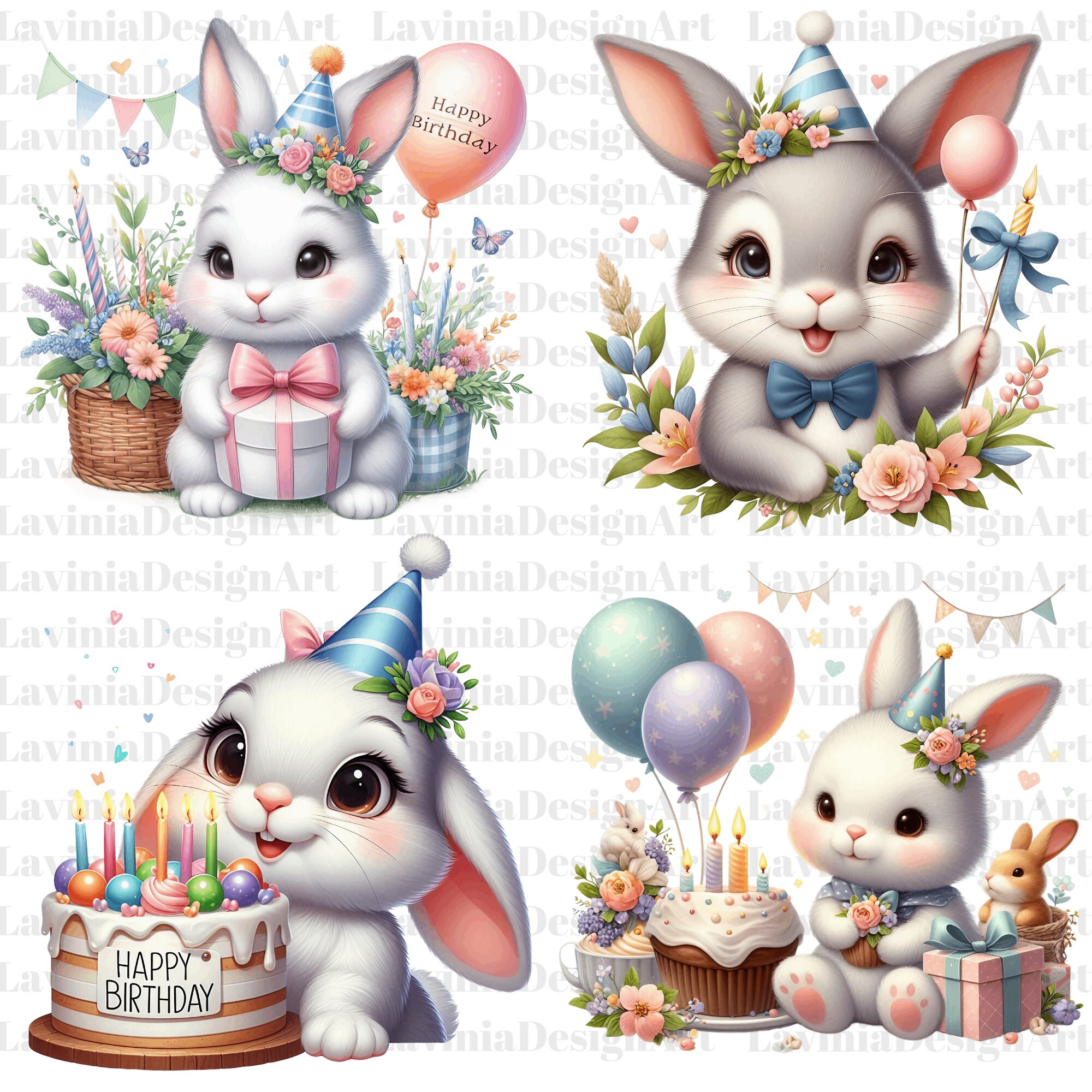 Happy Birthday Rabbit Clipart Watercolor | Happy Birthday Clipart ...