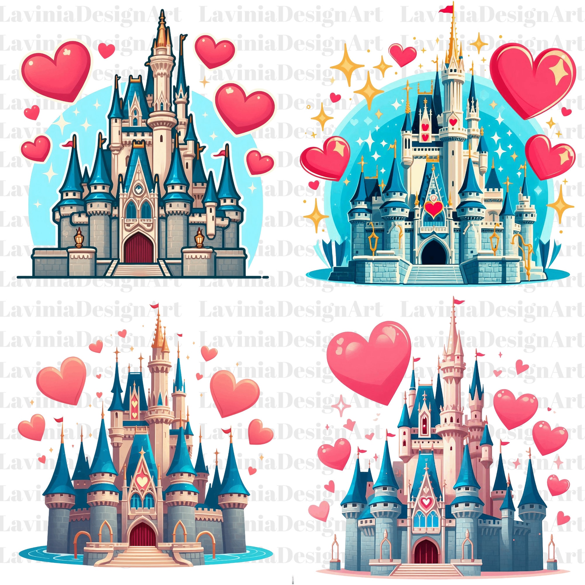 Cartoon Hearts Castle Watercolor Clipart Castle Clipart Castle ...