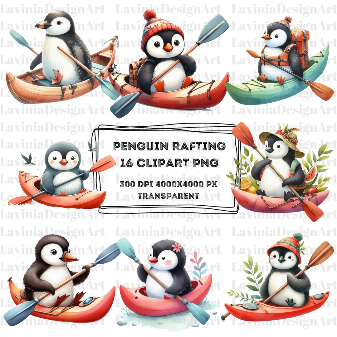 Penguin Rafting Clipart Watercolor | Canoe Penguin | Canoe Clipart ...