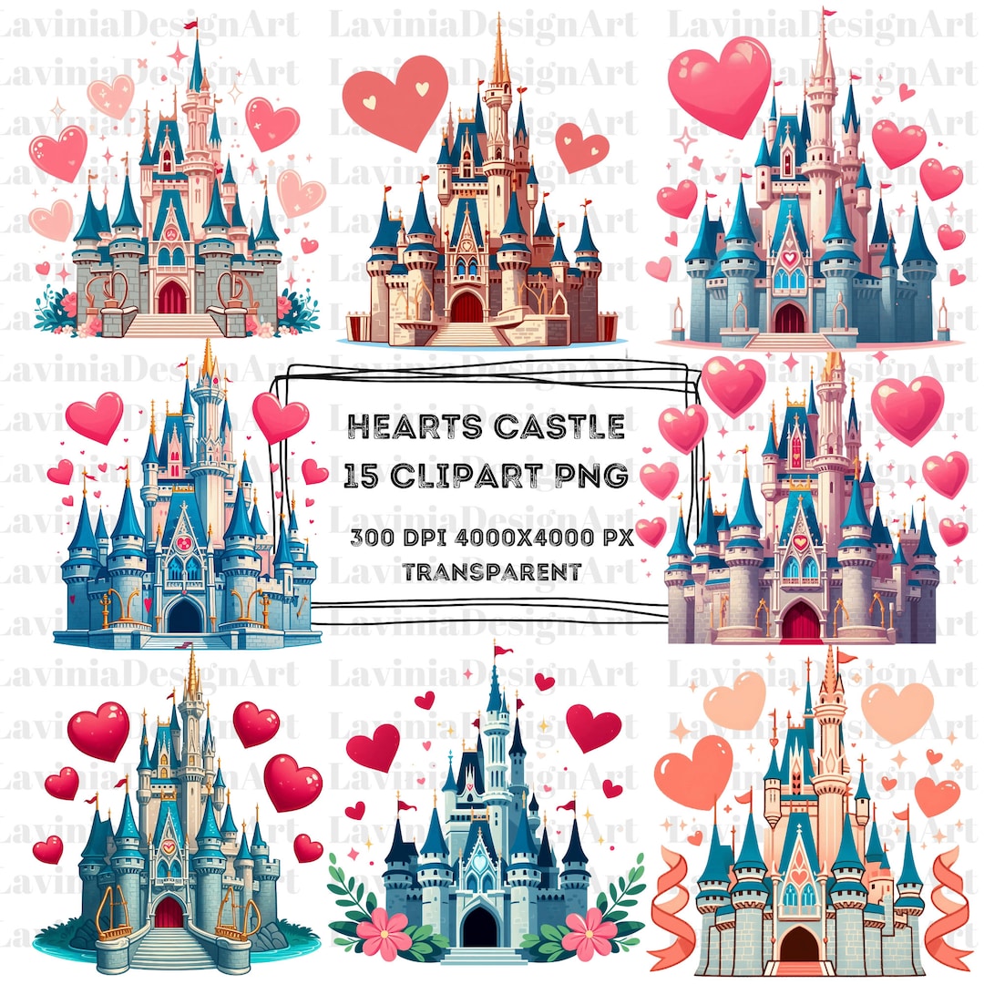 Cartoon Hearts Castle Watercolor Clipart | Castle Clipart | Castle ...