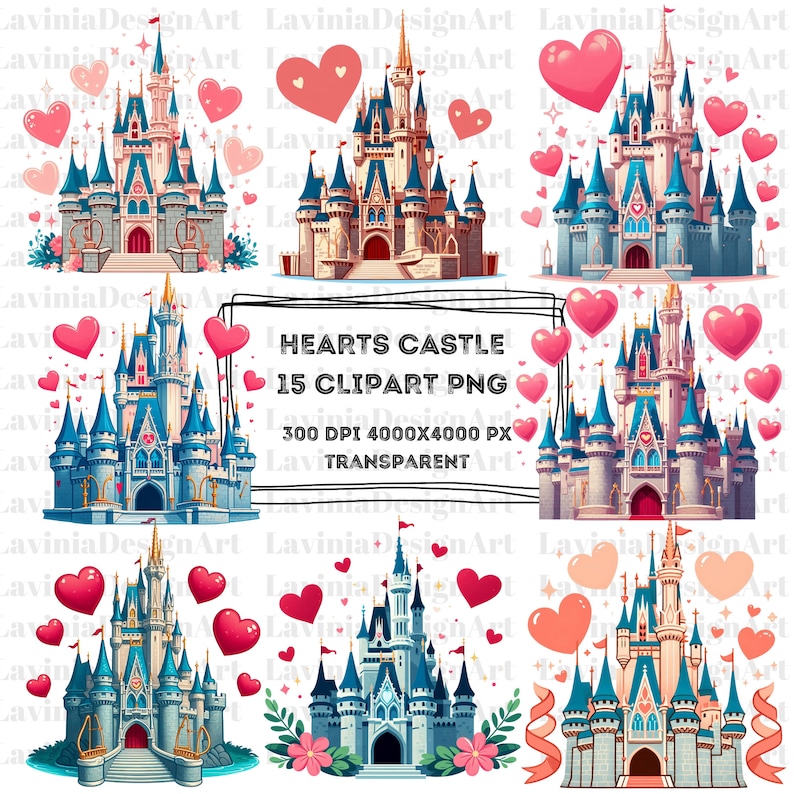 Cartoon Hearts Castle Watercolor Clipart Castle Clipart Castle ...